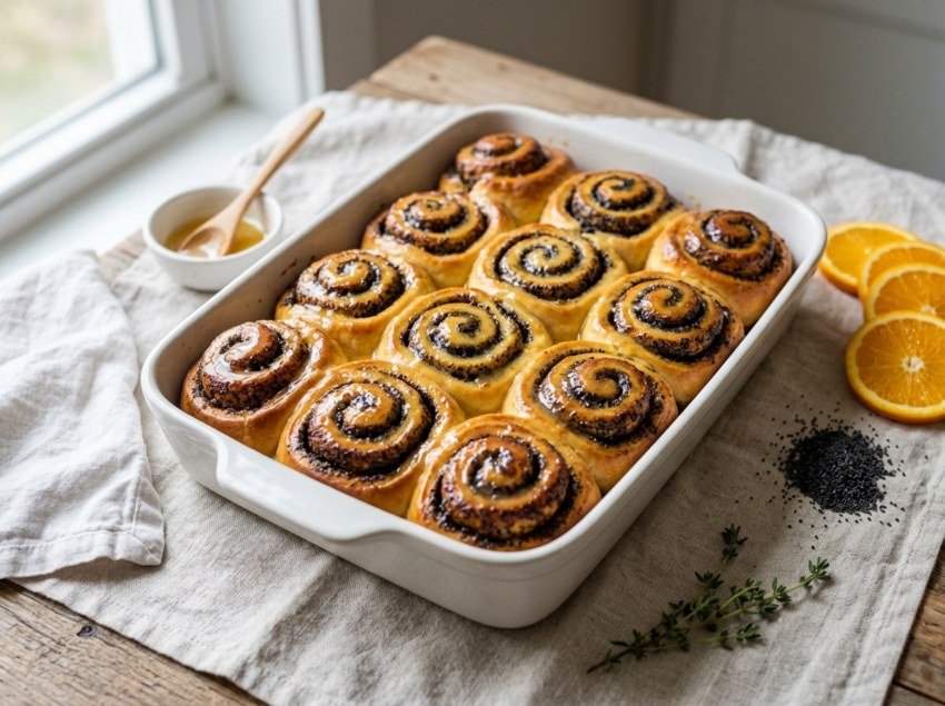 Poppy Seed Citrus Rolls with Orange Glaze